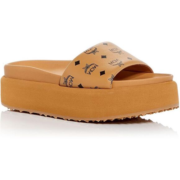 MCM | Shoes | Mcm Womens Athleta Tan Leather Logo Slipon Slide Sandals ...